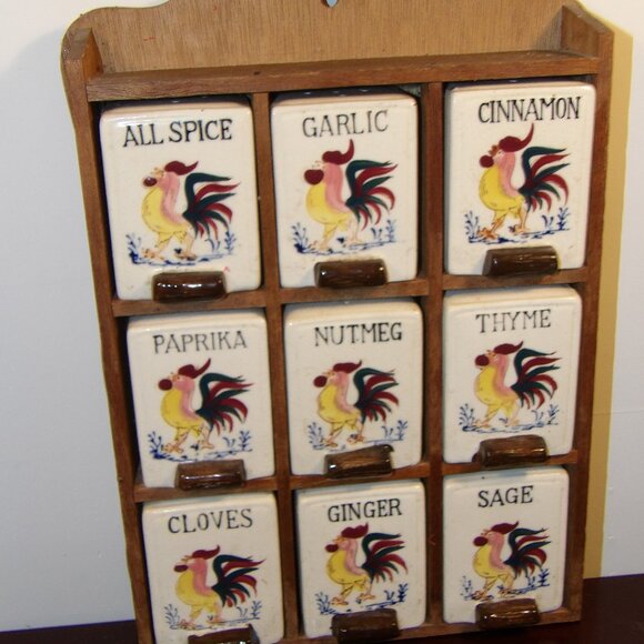 Unbranded | Kitchen | Vintage 95s Woodenceramic Rooster Spice Rack Made ...